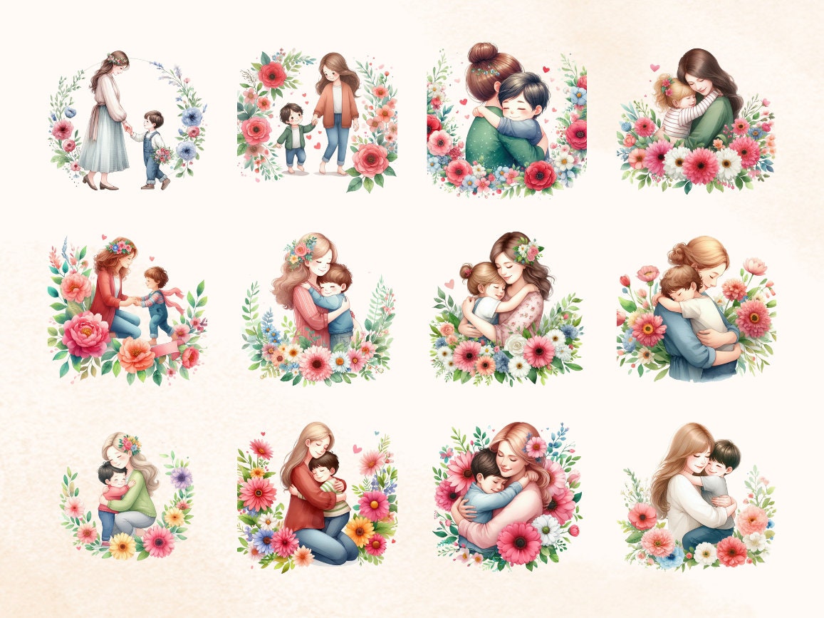 50 PNG Watercolor Cute Mother's Day Clipart, Kawaii Mothers Day ...