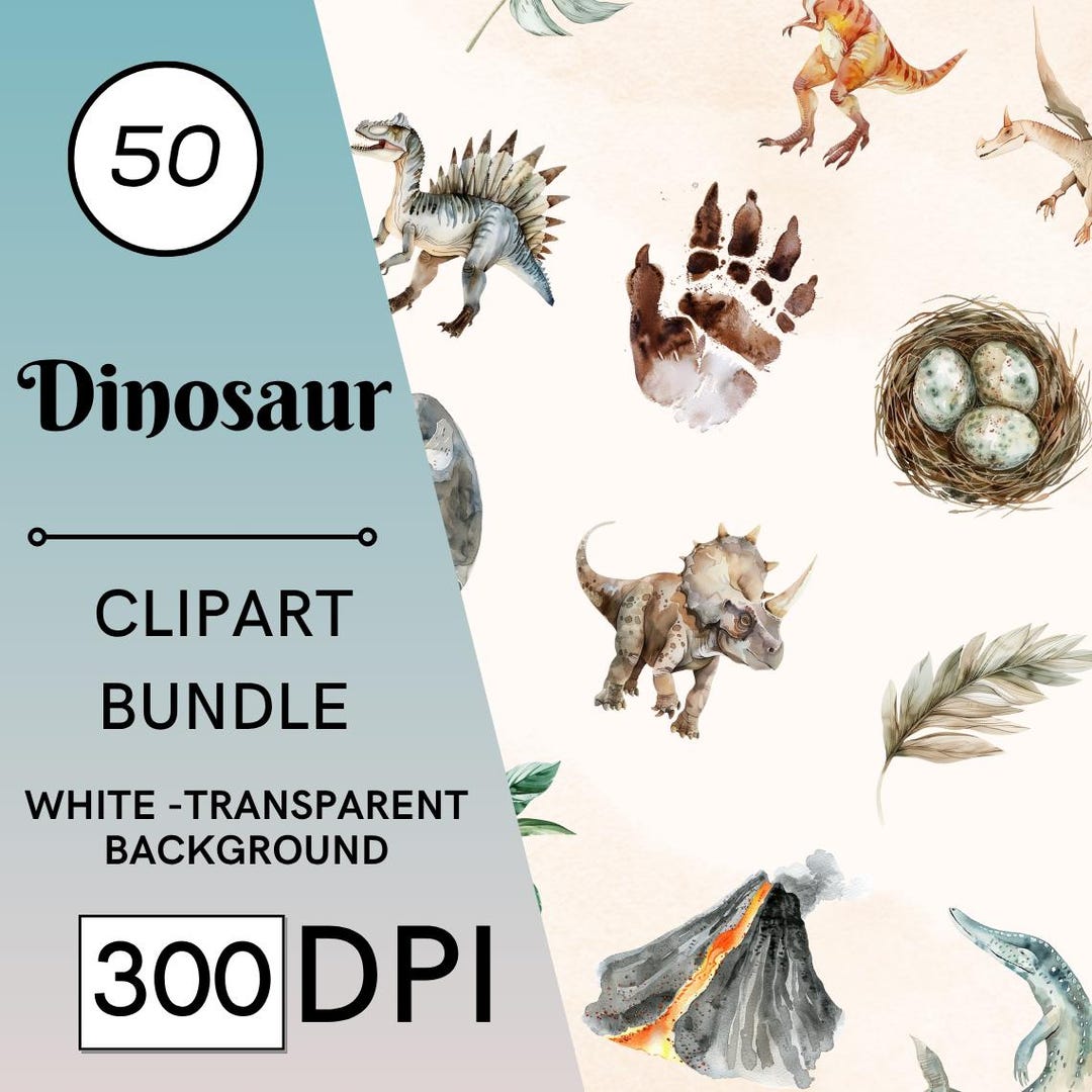 50 Watercolor Dinosaur Clipart Bundle, Dino Party Decor, Commercial Use ...