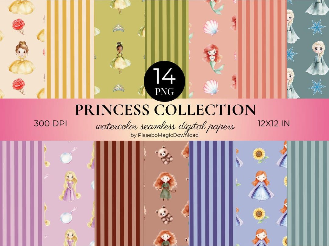 14 Watercolor Princess Seamless Patterns, Fantasy Digital Paper ...