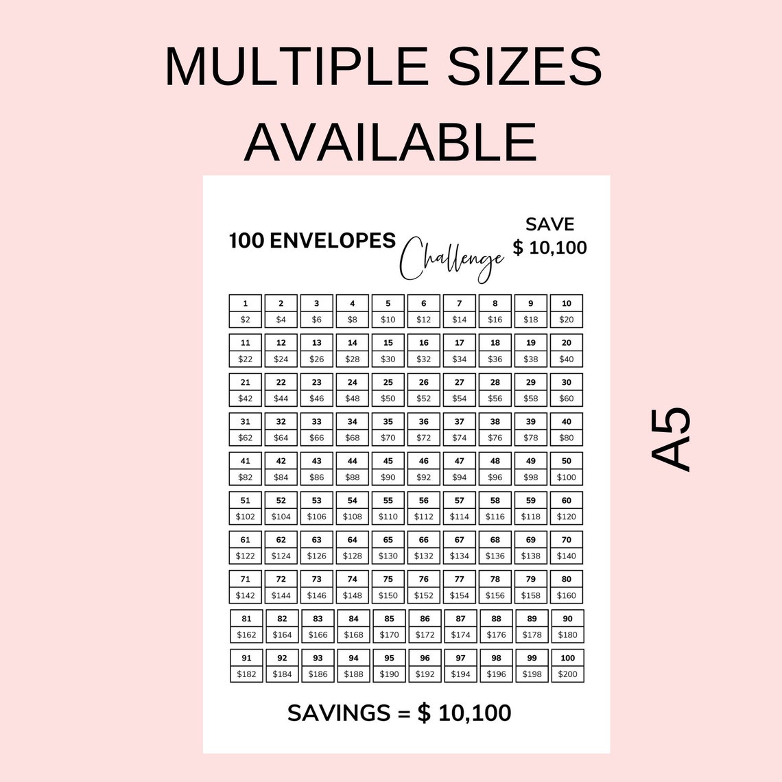 Printable 100 Envelope Challenge, 10,000 Savings Challenge Tracker ...