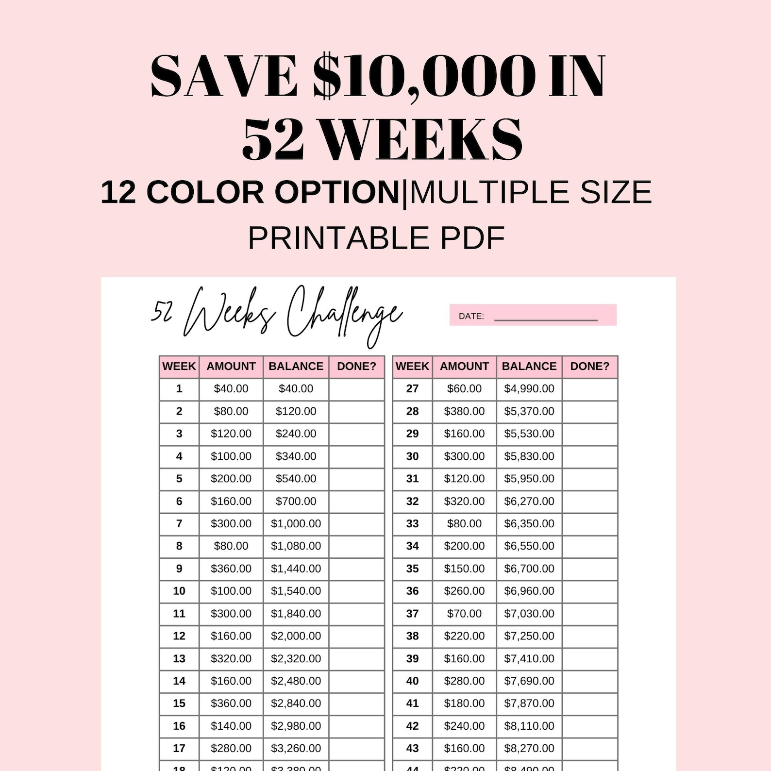 52 Week Savings Challenge 10000 Savings Challenge Tracker Money ...