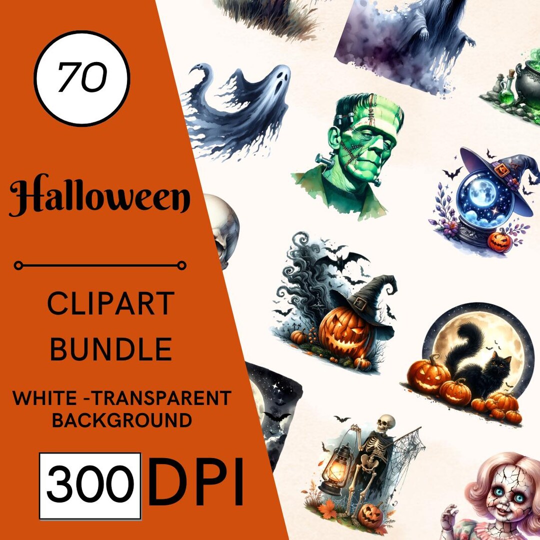 70 Watercolor Halloween Clipart, PNG Graphics, Witch, Ghost, Zombie ...