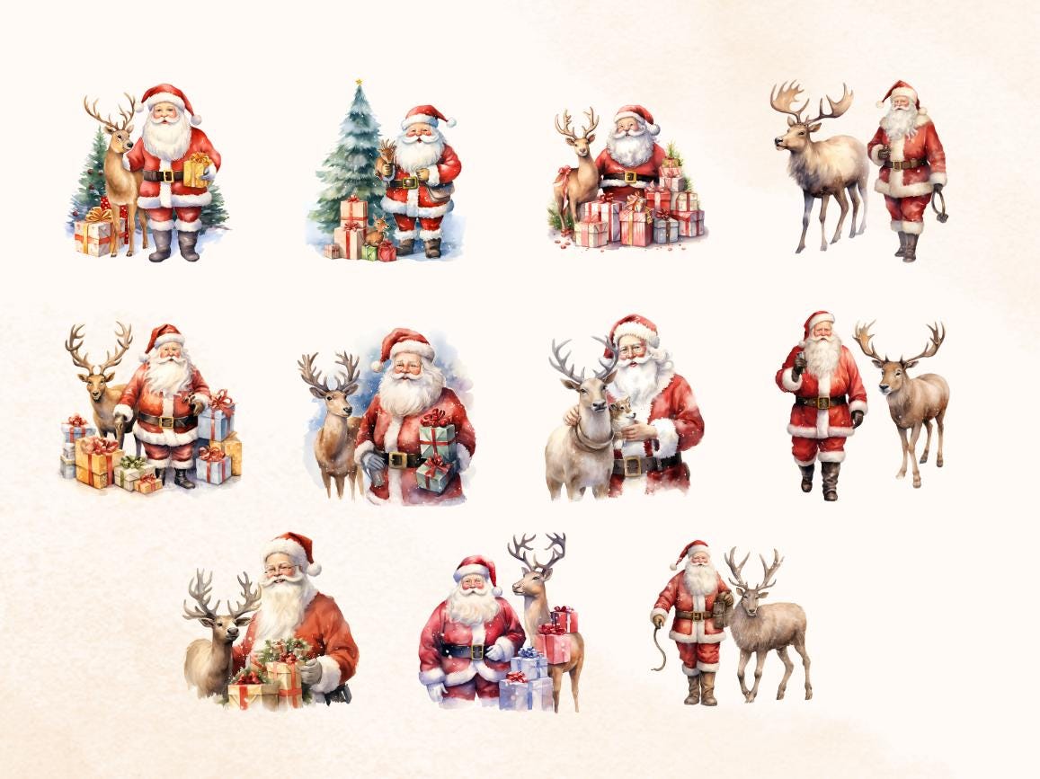 50 Watercolor Santa & Reindeer Clipart, Holiday PNG Images, Digital ...