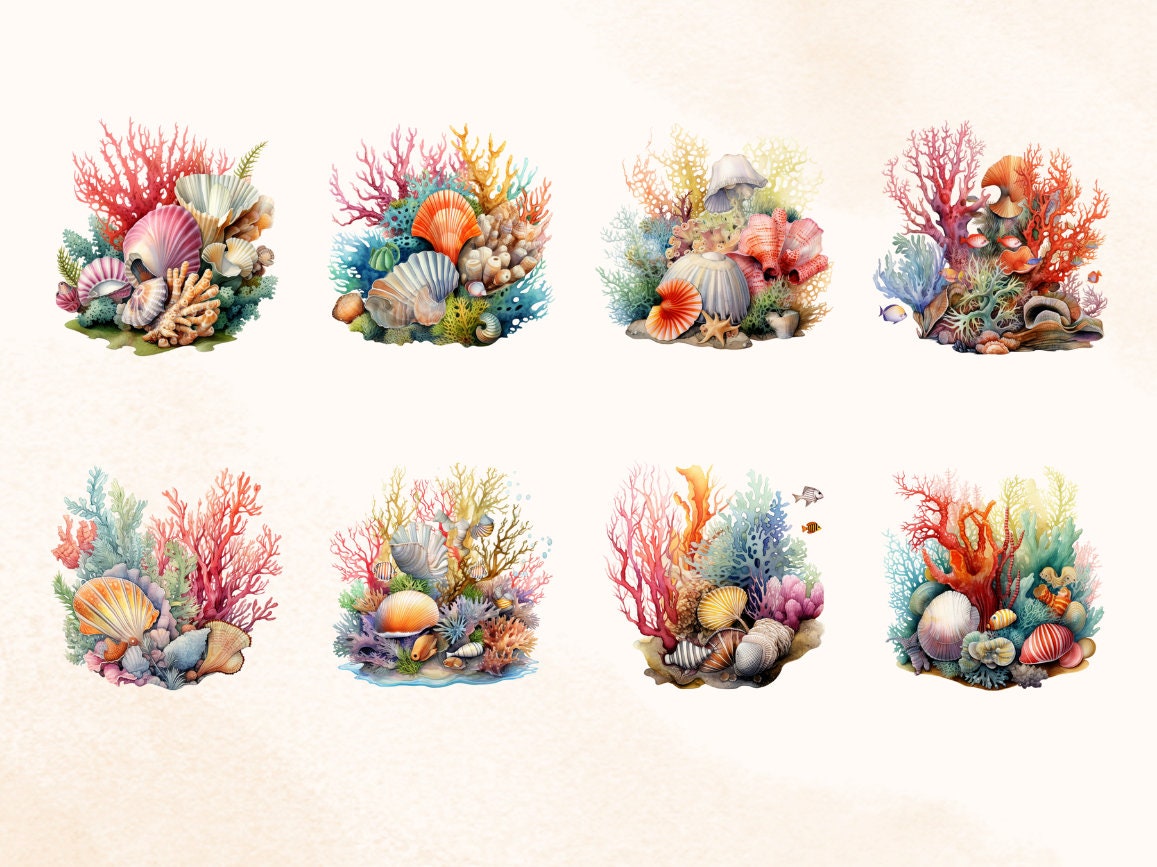 20 Watercolor Seashell Clipart, Coral Reef Nautical Bundle, Commercial ...