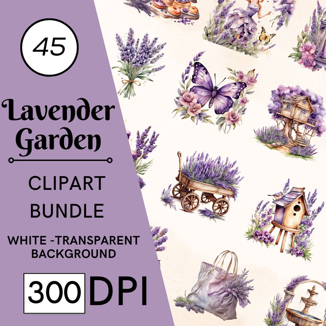 45 Watercolor Lavender Garden Clipart, Provence Floral PNG Bundle, JPG ...