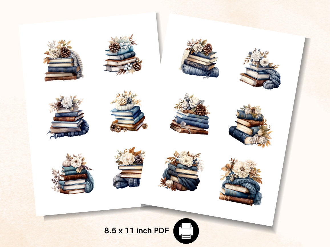 30 Watercolor Winter Bookstack Clipart, Cozy Library PNG Bundle, JPG ...