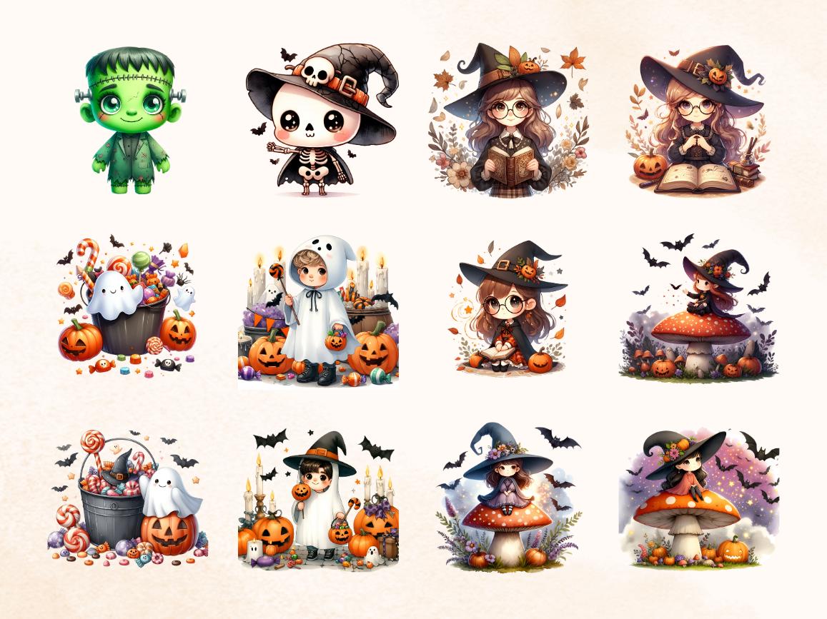 50 Watercolor Kawaii Halloween Clipart | Cute Halloween Graphics and ...