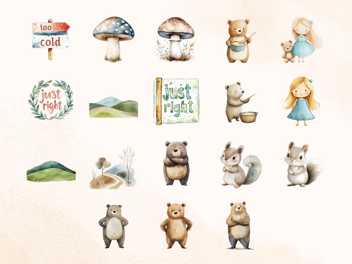 70 Goldilocks and the Three Bears Clipart:,watercolor Storybook Nursery ...
