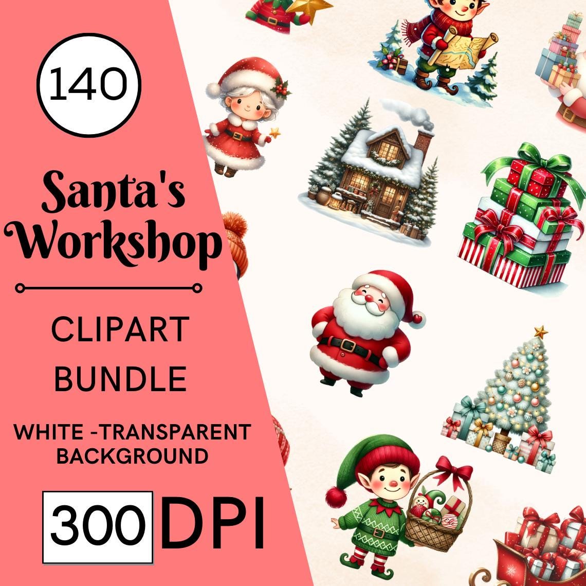 140 Santa's Workshop Clipart, PNG Watercolor Christmas Graphics ...