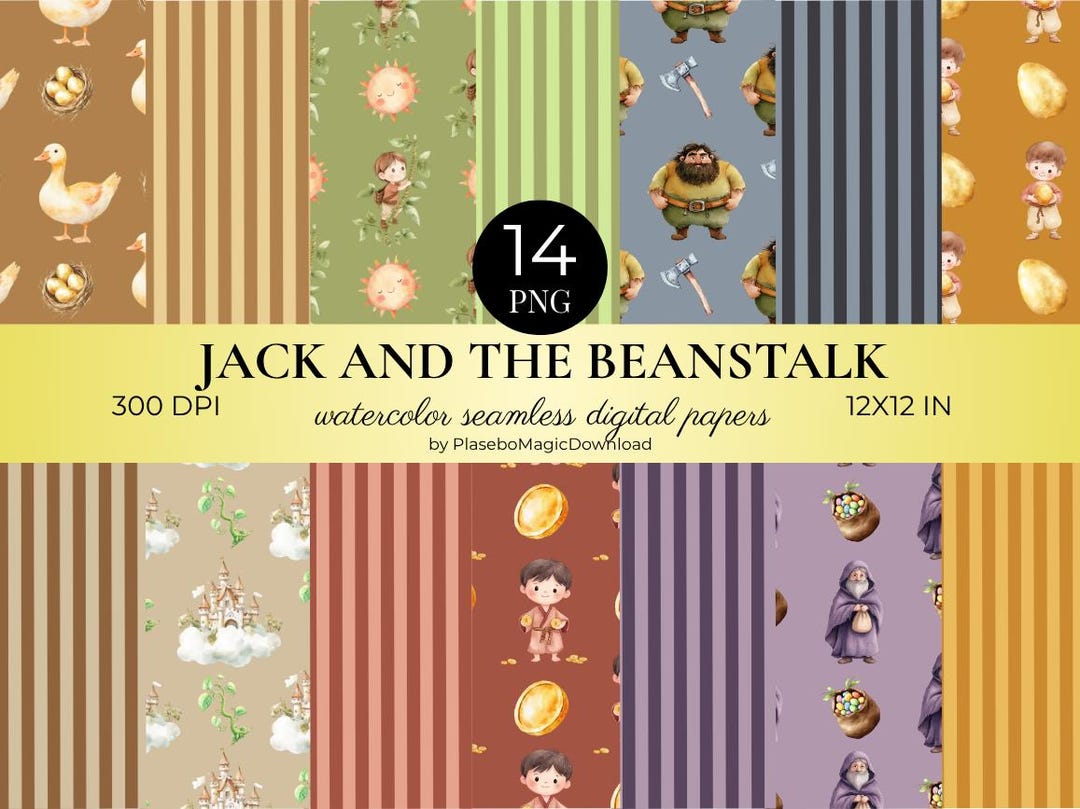 14 Watercolor Jack and the Beanstalk Seamless Patterns, Fantasy Digital ...