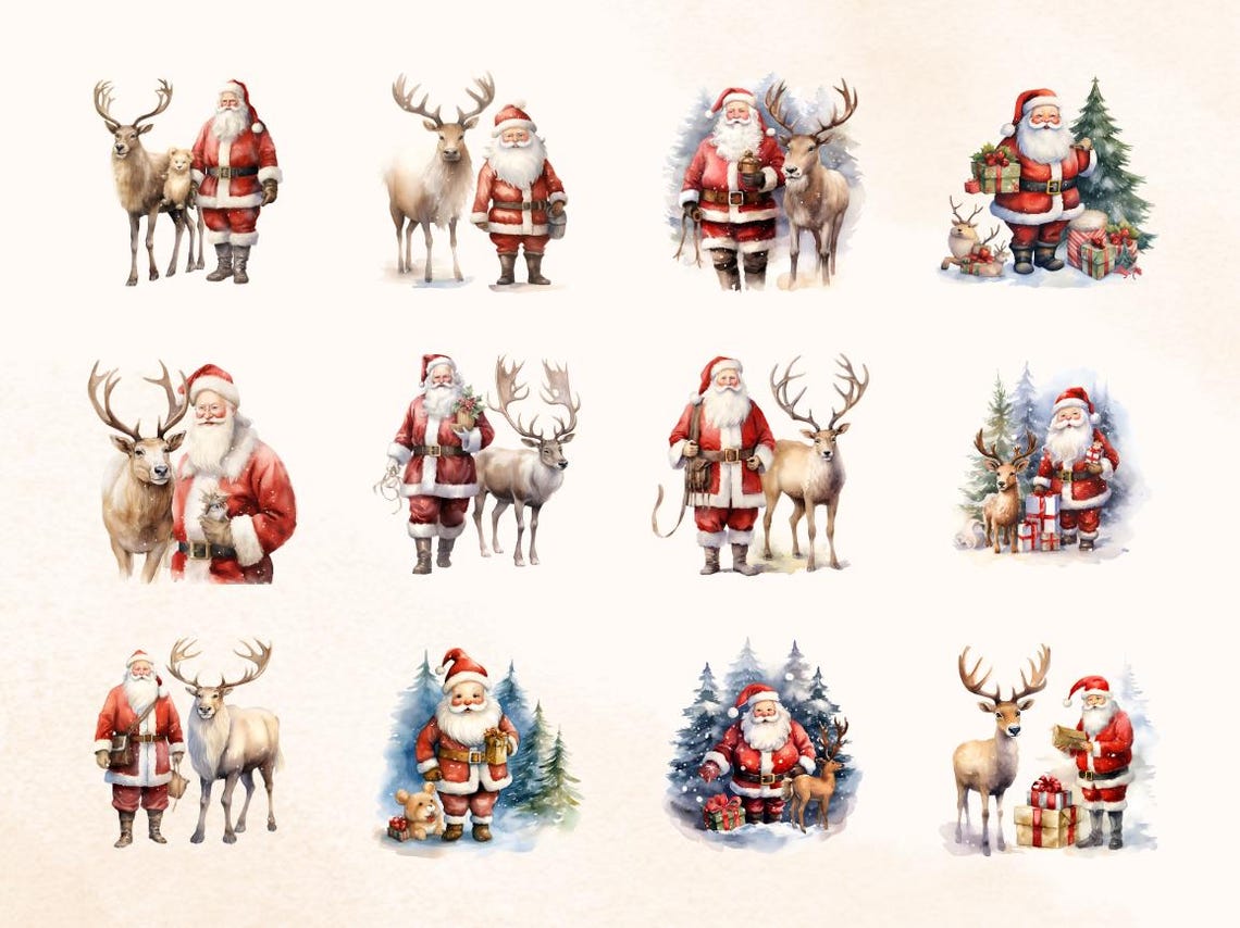 50 Watercolor Santa & Reindeer Clipart, Holiday PNG Images, Digital ...