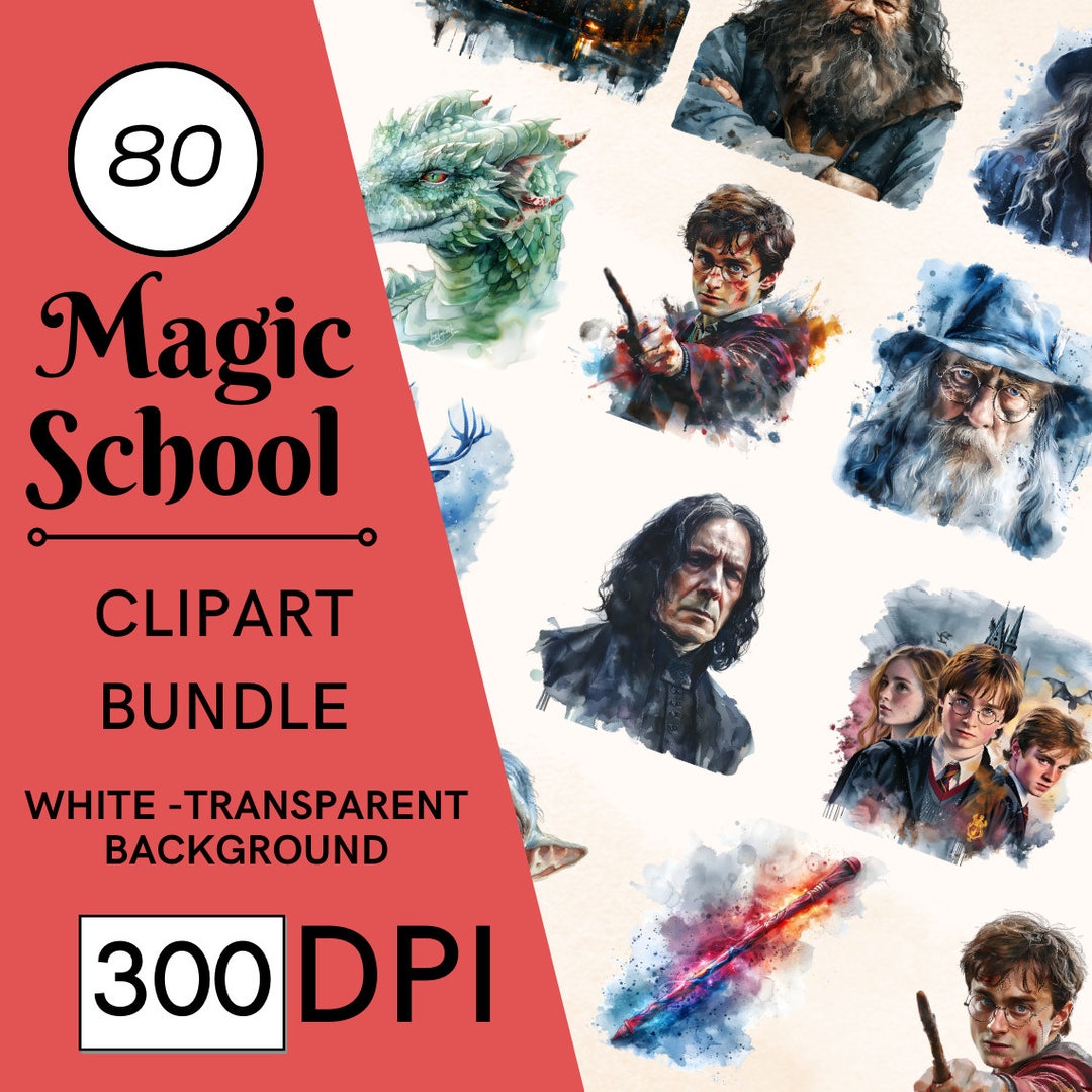 80 Magic School Clipart, Harry Movie Watercolor PNG Bundle, Commercial ...