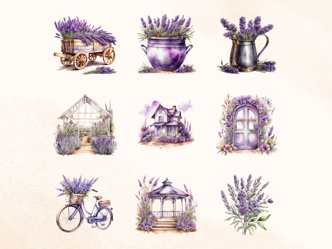 45 Watercolor Lavender Garden Clipart, Provence Floral PNG Bundle, JPG ...
