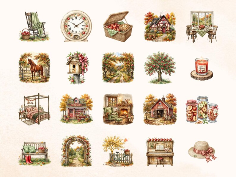 75 Cozy Fall Watercolor Clipart, Autumn Apple Harvest, Red Barn Farm ...