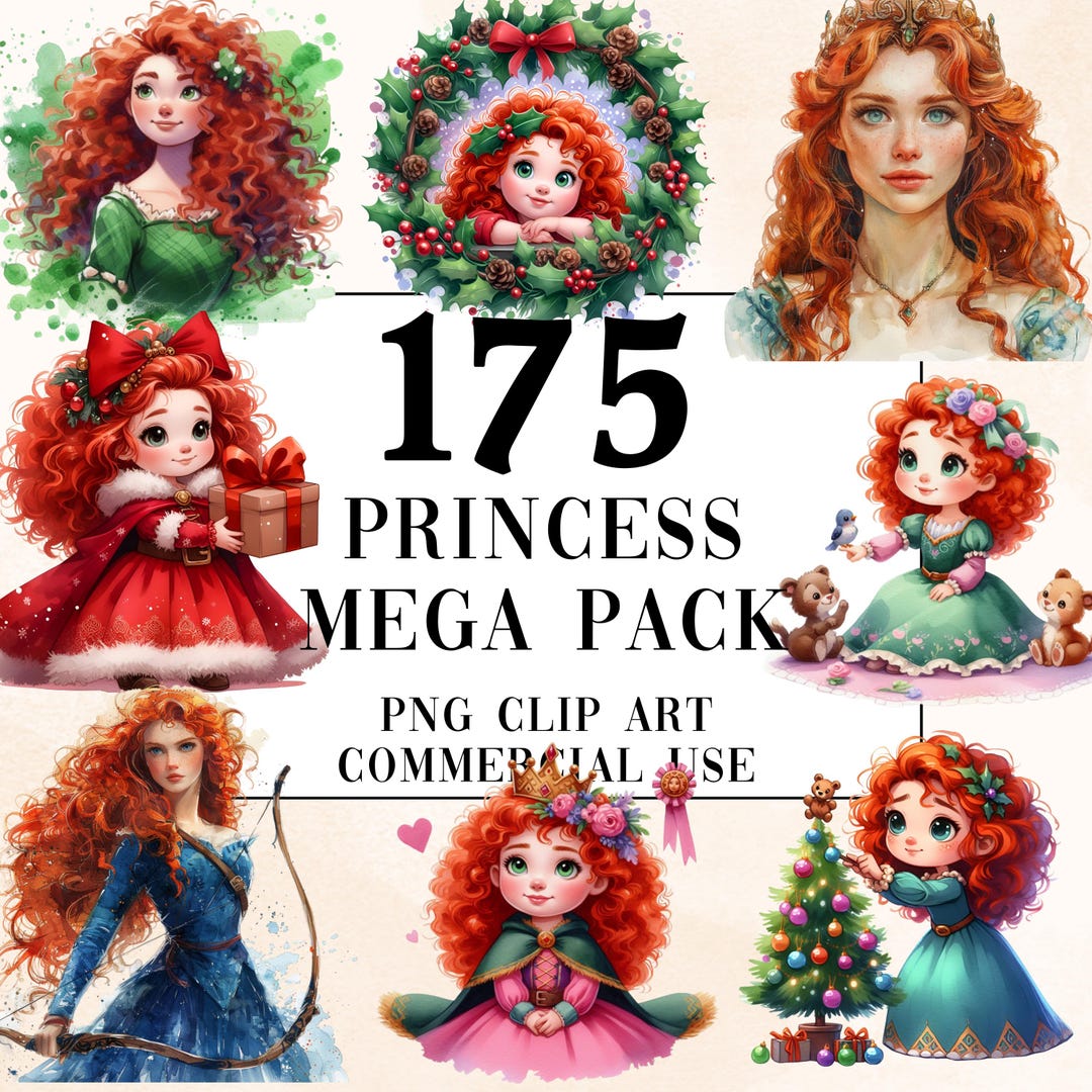 175 Princess Merida Watercolor Clipart Megapack, PNG Fantasy Fairytale ...