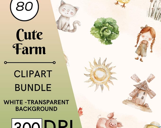Cute Little Farm Clipart, Watercolor Sweet Farm Clipart, Cottage ...