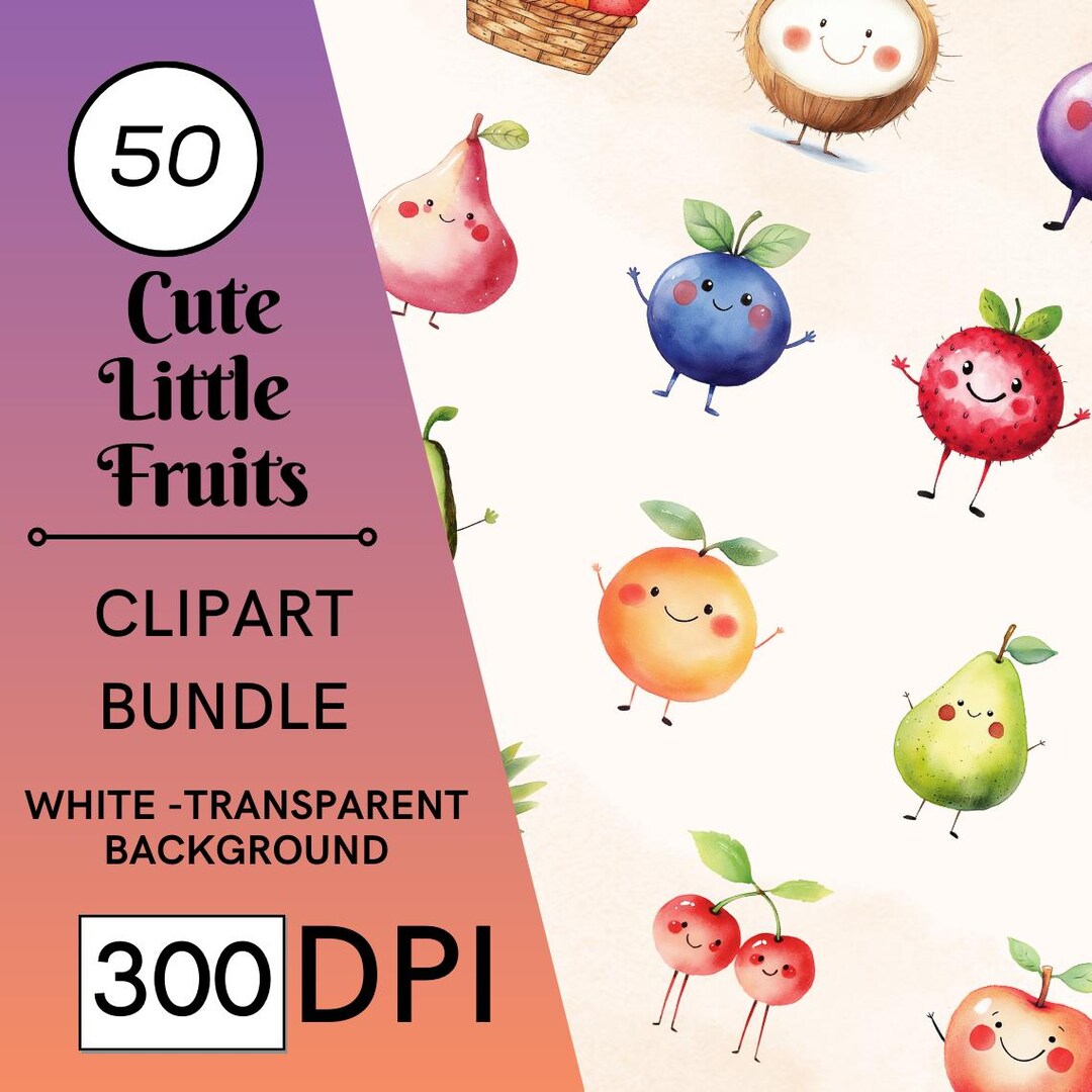 50 Cute Watercolor Little Fruits Clipart Set - 300 DPI, High-resolution ...
