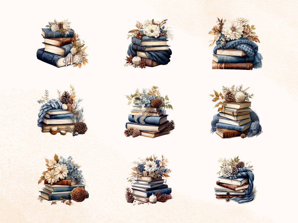 30 Watercolor Winter Bookstack Clipart, Cozy Library PNG Bundle, JPG ...