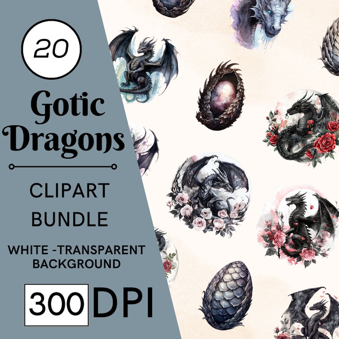 20 PNG Watercolour Gothic Dragons Clipart, Dark Fantasy Black Dragon ...