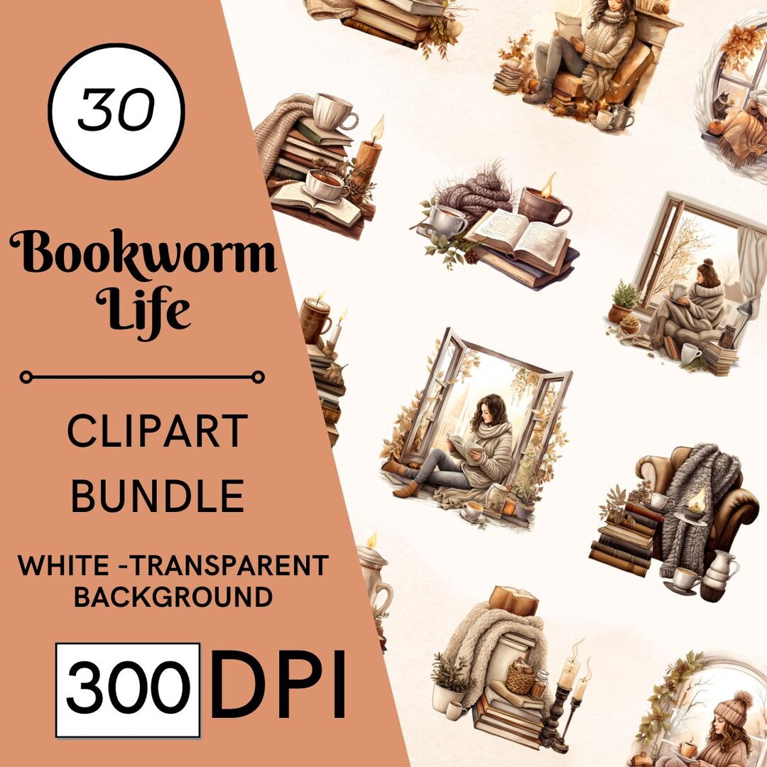 30 Watercolor Bookworm Clipart Bundle, Cozy Library Art, Nursery Art ...