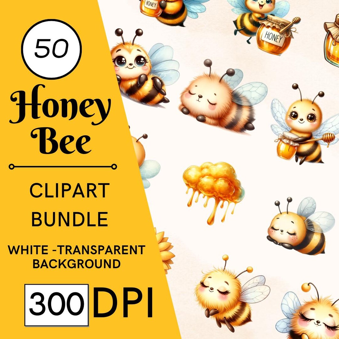 50 Honey Bee Clipart Bundle, Watercolor Bees Clip Art, Cute Bumblebee ...