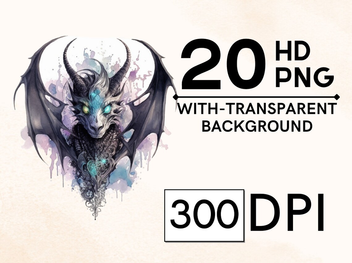 20 PNG Watercolour Gothic Dragons Clipart, Dark Fantasy Black Dragon ...