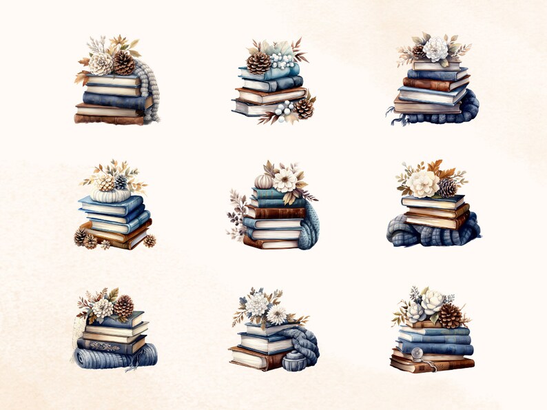 30 Watercolor Winter Bookstack Clipart, Cozy Library PNG Bundle, JPG ...
