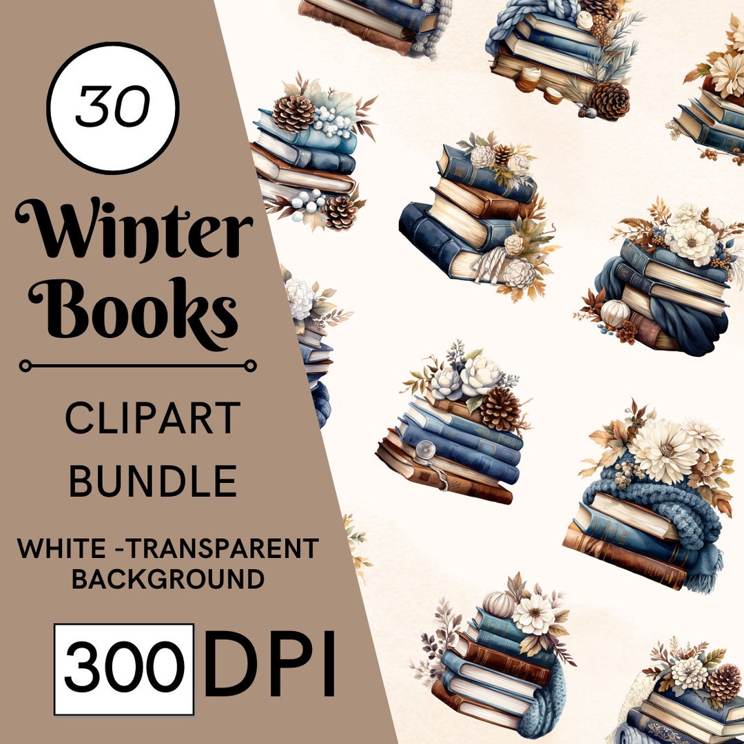 30 Watercolor Winter Bookstack Clipart, Cozy Library PNG Bundle, JPG ...