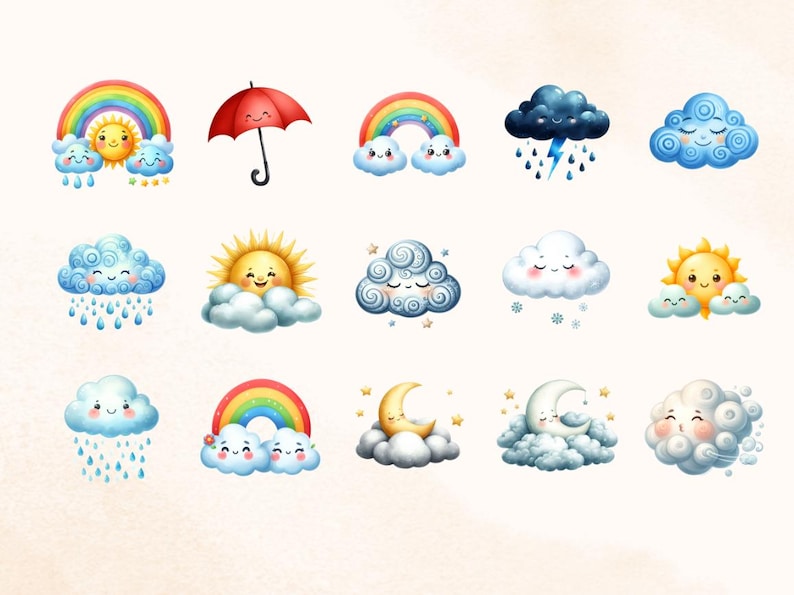 50 Watercolor Weather Clipart Set, Rainbow, Cloud, Sun, Nursery Art ...