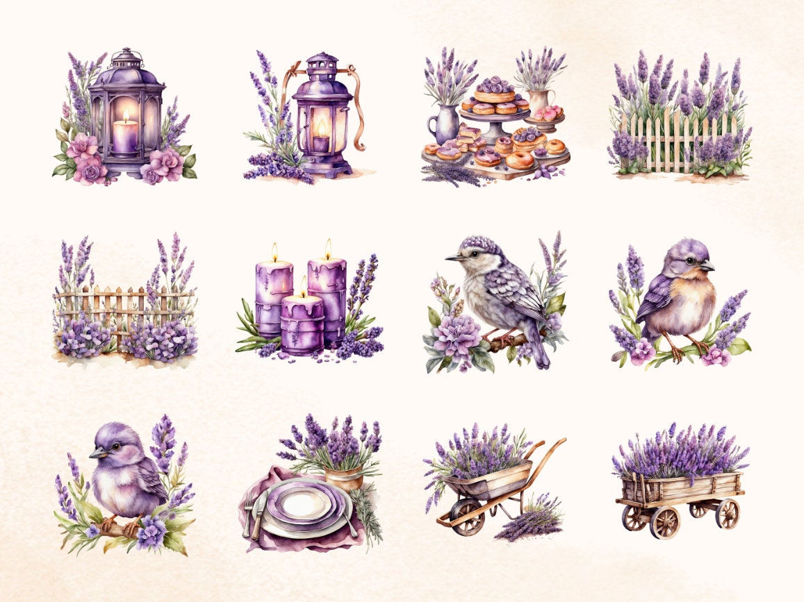 45 Watercolor Lavender Garden Clipart, Provence Floral PNG Bundle, JPG ...