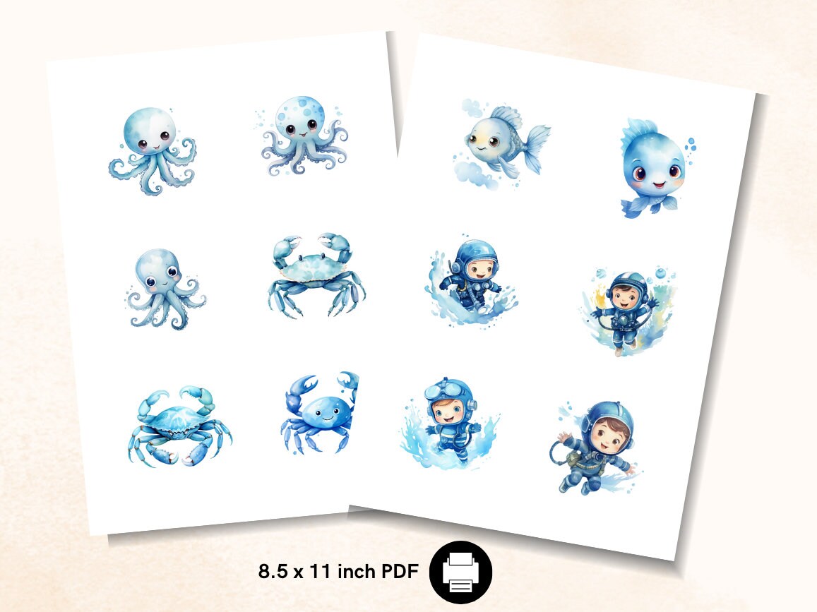 40 Watercolor Undersea Clipart Bundle, Ocean Animals PNG, Nursery Art ...