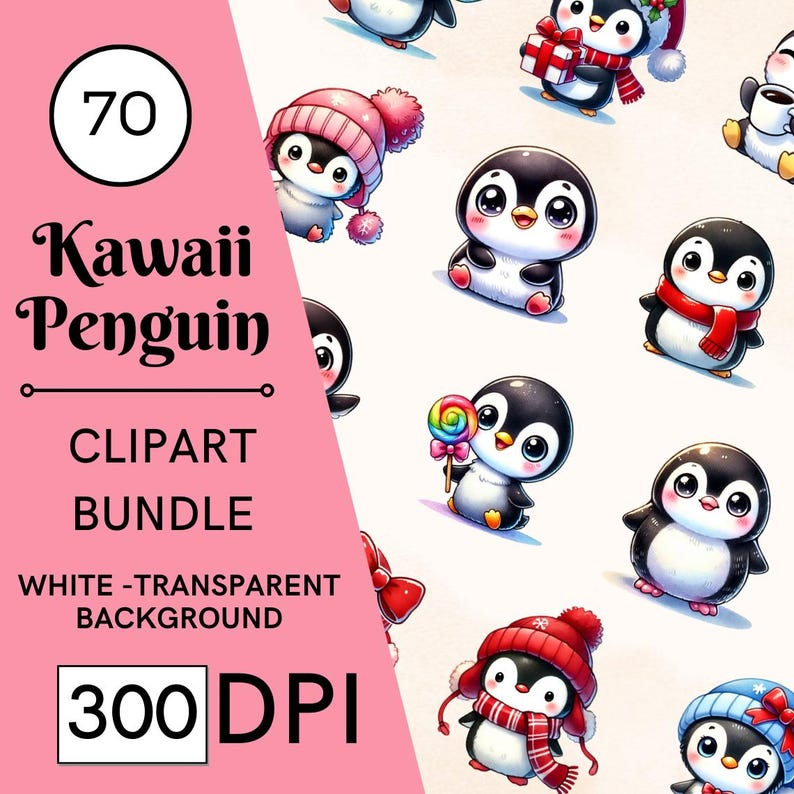 70 Kawaii Penguin Clipart, Winter Clipart, Cute Penguin Png, Digital ...