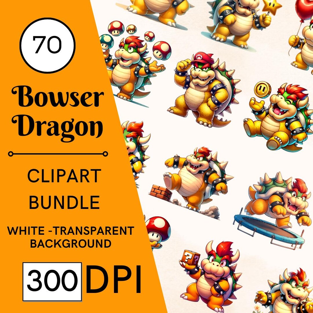 70 Watercolor Bowser Dragon Clipart Set - 300 DPI, High-resolution ...