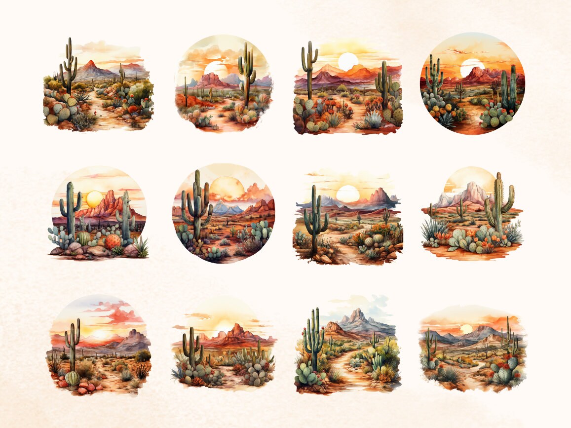 32 Watercolor Arid Desert Clipart, Desert Landscape Clipart, Sunset ...