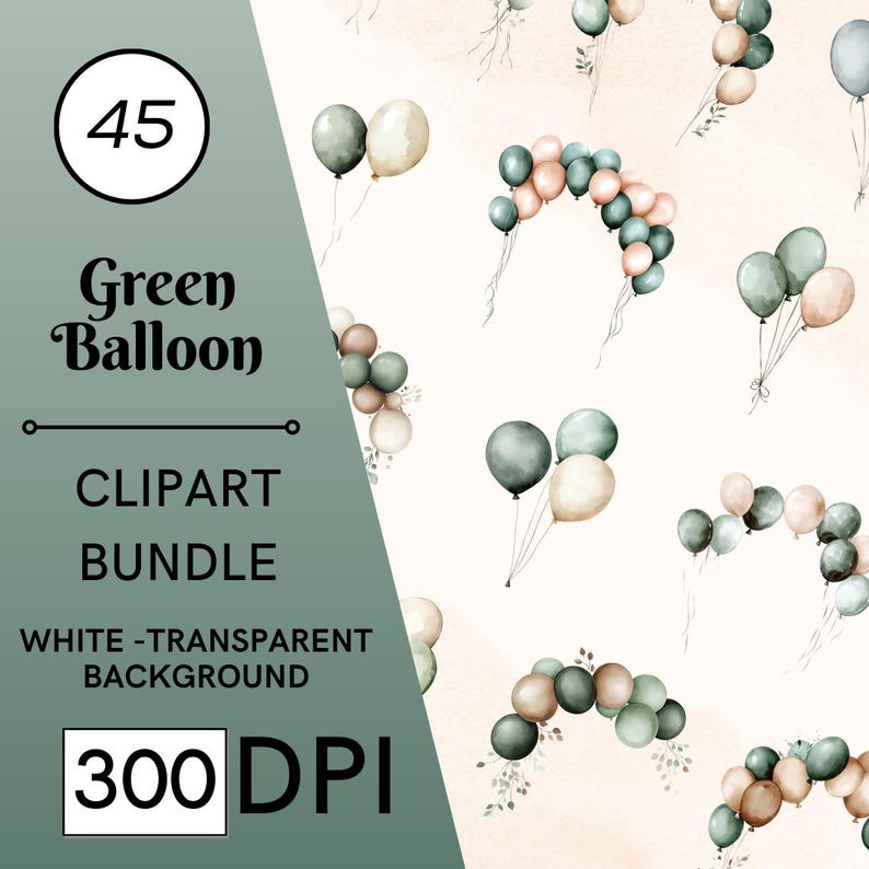 45 Green Balloon Watercolor Clipart, Birthday Party Set, Commercial Use ...