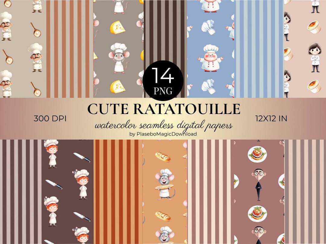 Ratatouille Seamless Pattern, Chef, Watercolor Digital Paper (PNG, JPG ...