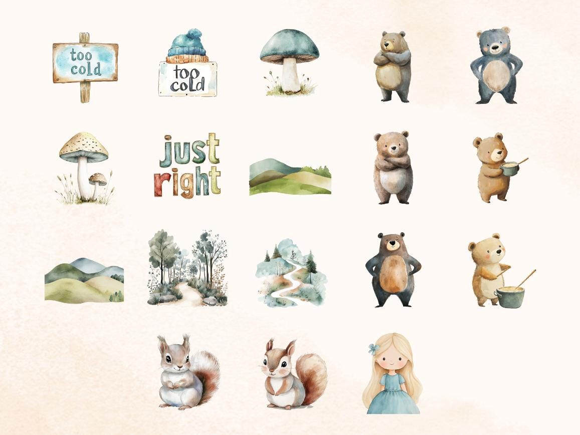 70 Goldilocks and the Three Bears Clipart, Watercolor Fairy Tale ...
