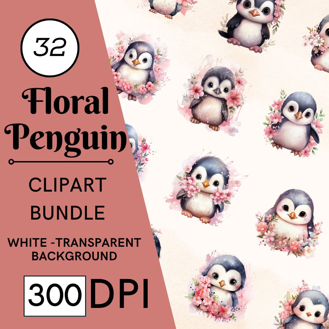 32 Watercolor Cute Baby Penguins Clipart Bundle, Floral Baby Penguin ...