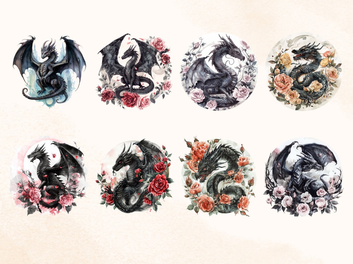 20 PNG Watercolour Gothic Dragons Clipart, Dark Fantasy Black Dragon ...