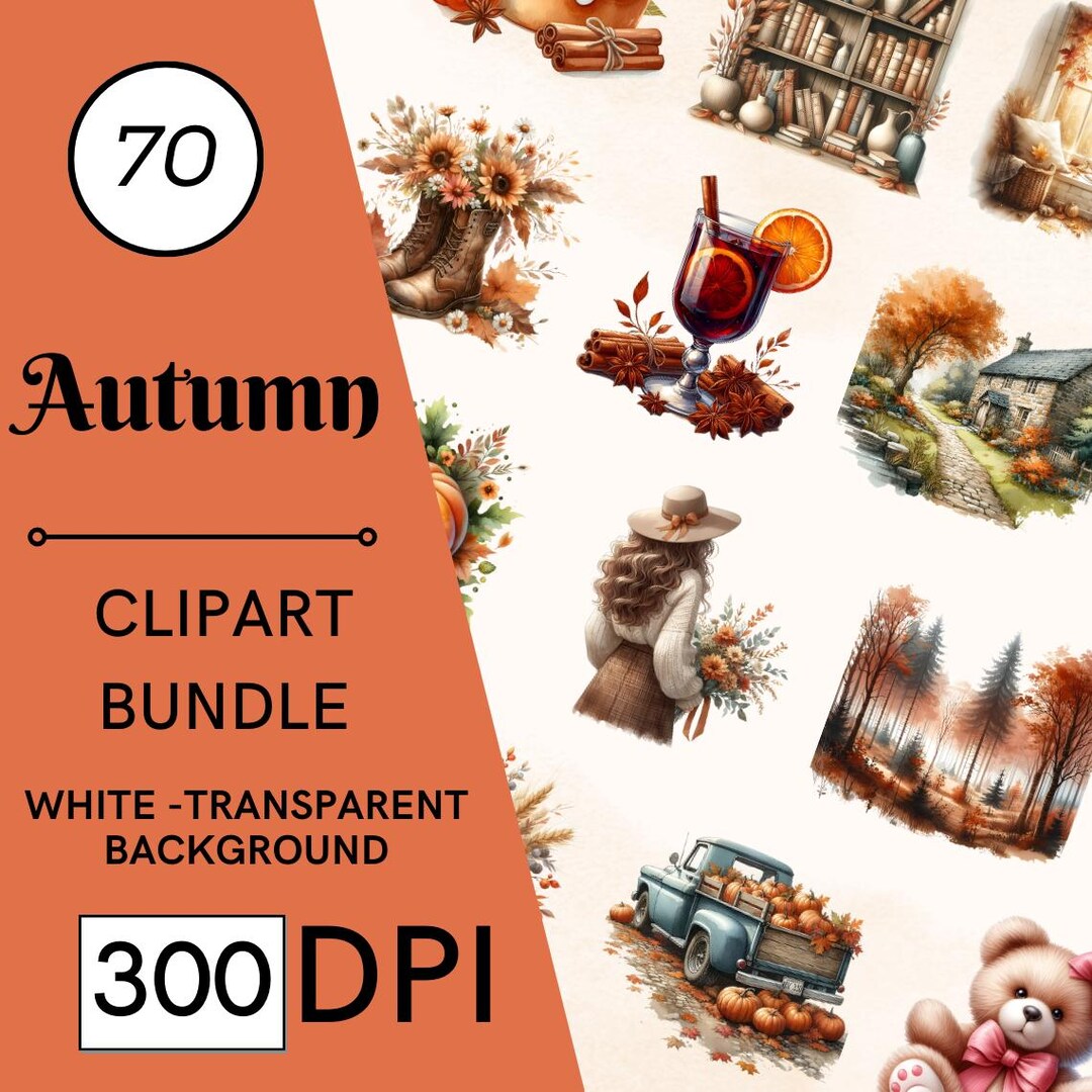70 Watercolor Autumn Clipart Bundle, Cozy Cottagecore Fall, Commercial ...