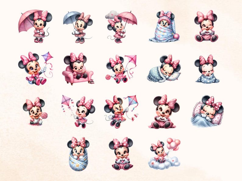 70 Baby Minnie Mouse Clipart, Watercolor Woodland PNG, Nursery Art ...