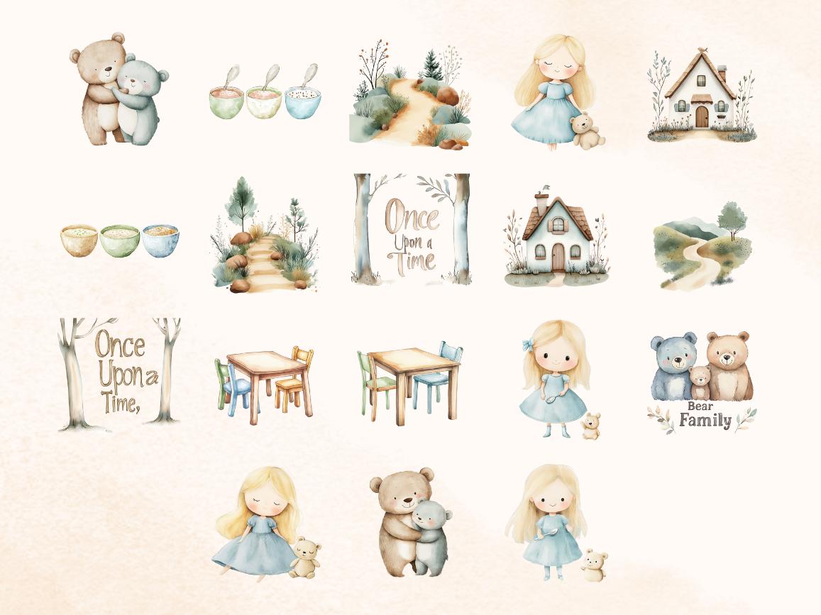 70 Goldilocks and the Three Bears Clipart:,watercolor Storybook Nursery ...