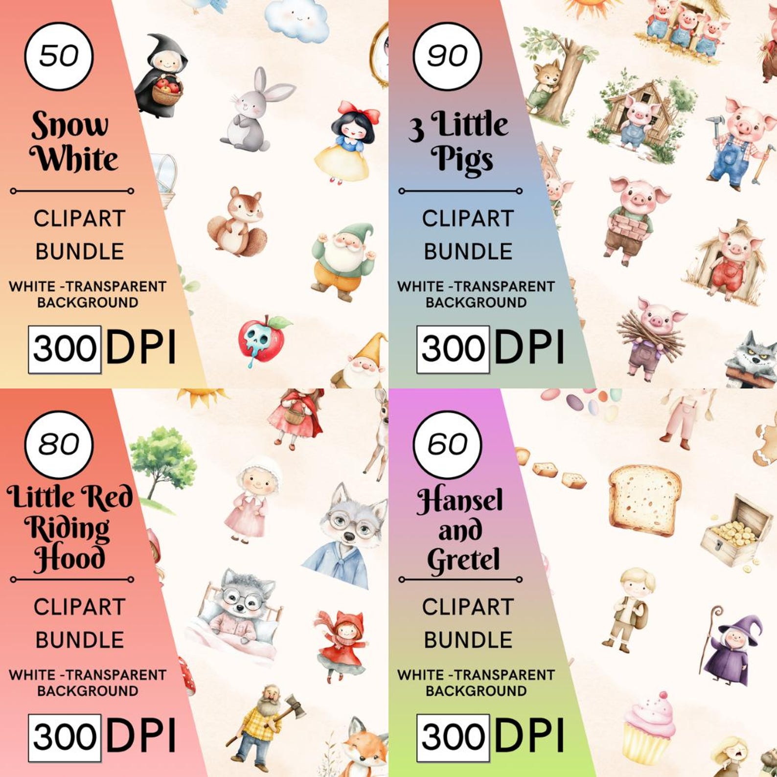 500 Watercolor Fairy Tale Clipart, Classic Stories Mega Bundle ...