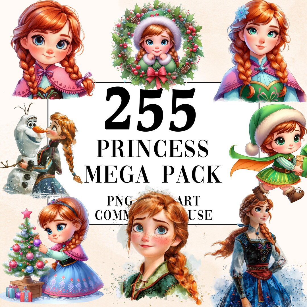 255 Princess Anna Watercolor Clipart Megapack, PNG Fantasy Fairytale ...