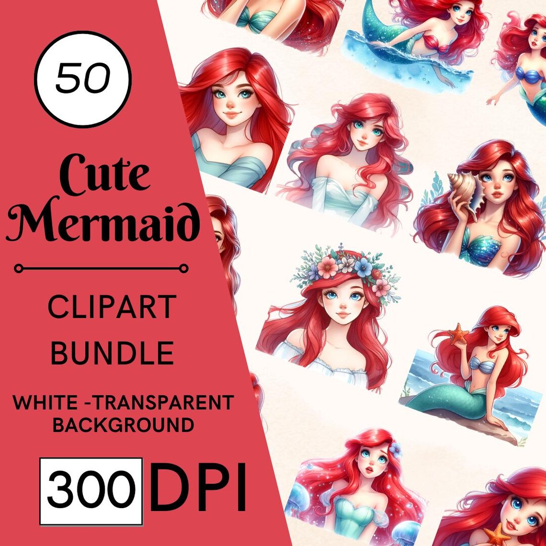 50 Cute Little Mermaid Clipart Set - 300 DPI, High-resolution ...