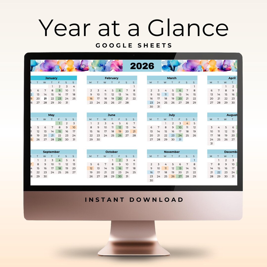 Google Sheets Year at a Glance Calendar, Perpetual Yearly Calendar With ...