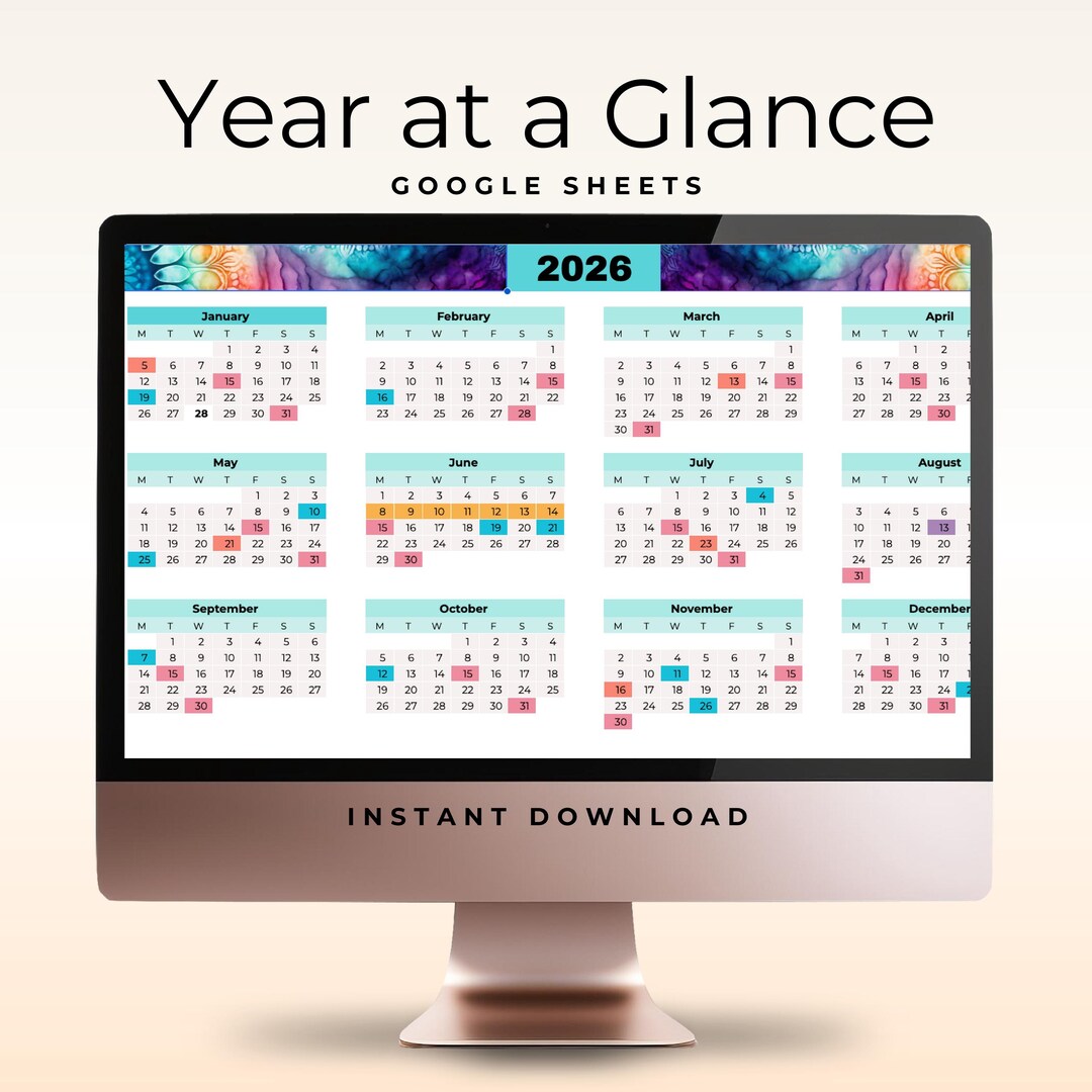 Google Sheets Year at a Glance Calendar, Perpetual Yearly Calendar With ...