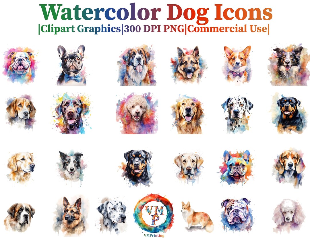 Set of 120 Watercolor Dog Icon Bundle - 300 DPI PNG - Instant Download ...
