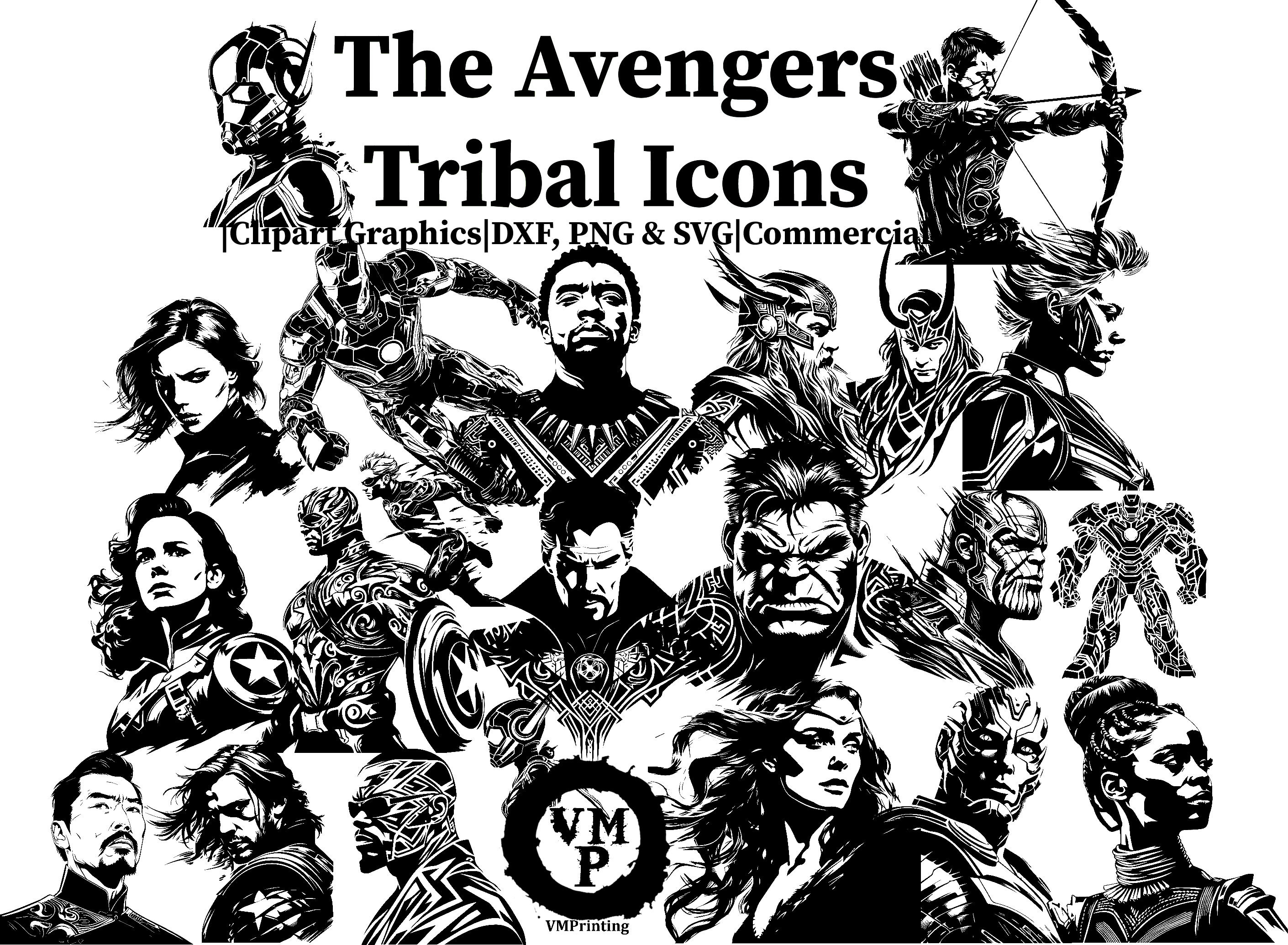 DXF, SVG & PNG Set of 100 Black and White Tribal Avengers Icons Bundle ...