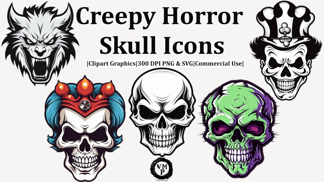 SVG & Png-set of 60 Creepy Horror Skull Icon Bundle-monsters, Clowns ...